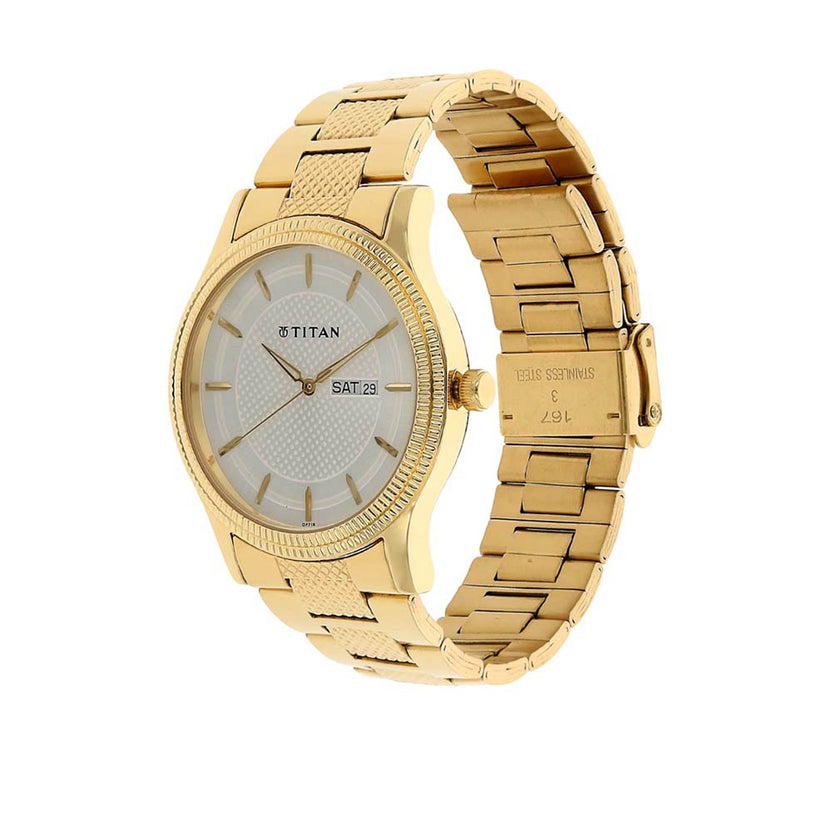 Titan Quartz Analog with Day and Date Silver Dial Stainless Steel Stra ...