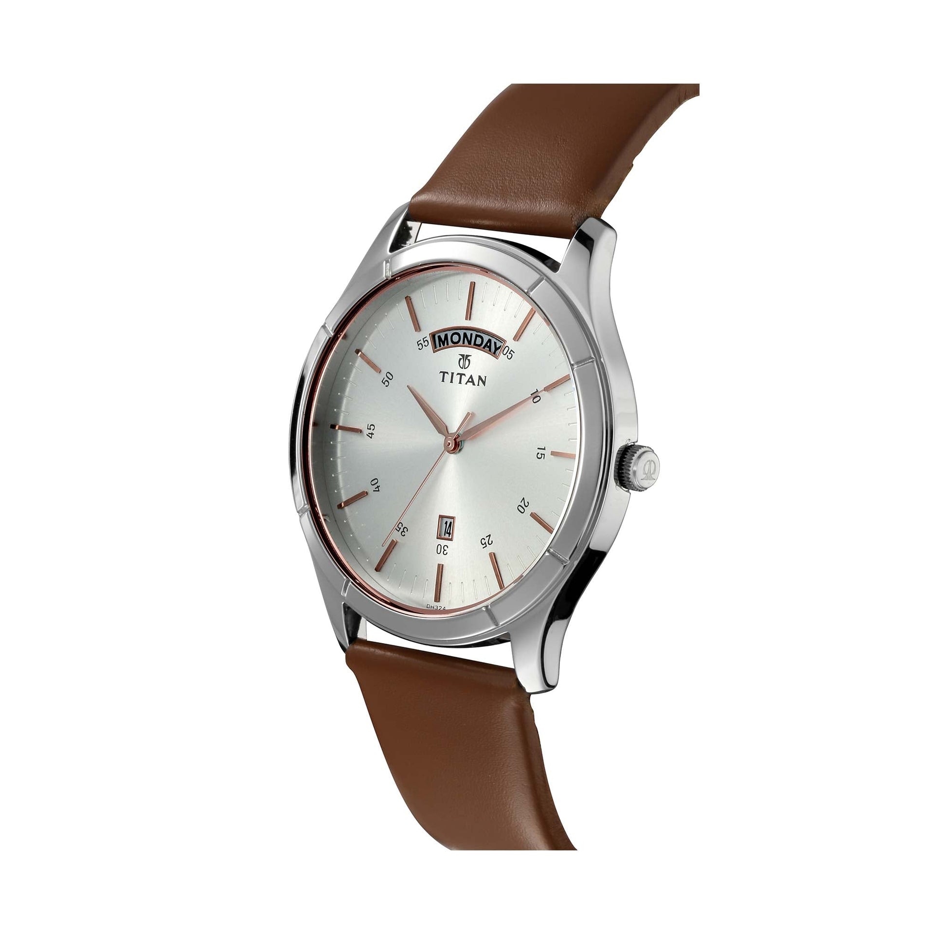 Titan On Trend White Dial Analog with Day and Date Leather Strap watch ...