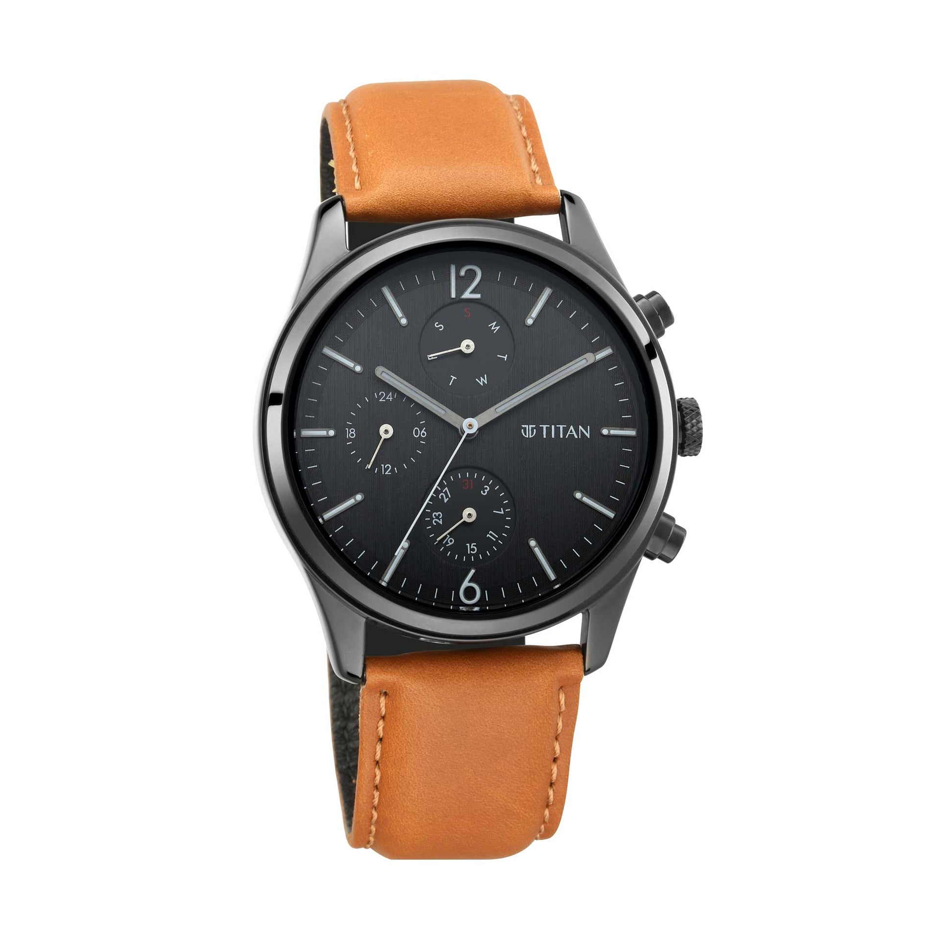 Titan Quartz Multifunction Black Dial Leather Strap Watch for Men ...