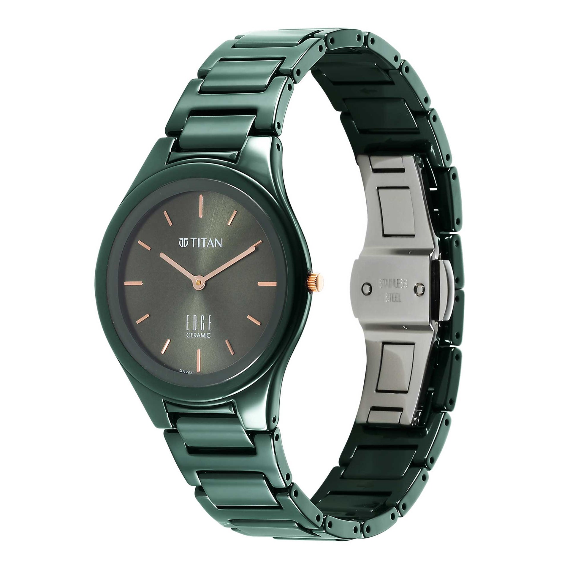 Titan Edge Ceramic Quartz Analog Green Dial Ceramic Strap Watch for Wo ...